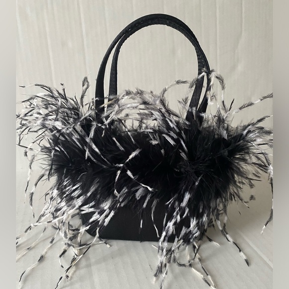 Ermo | Bags | Ermo Black Mini Handbag With Black White Feather Trim ...